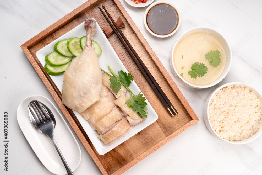 Hainanese chicken rice on a white table background, Steamed chicken ...
