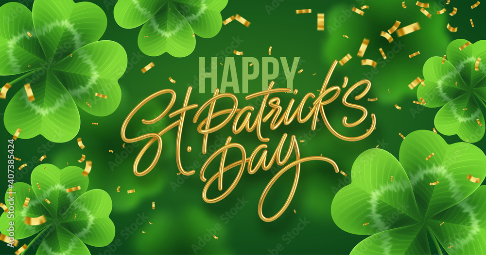 Golden realistic lettering Happy St. Patricks Day with realistic clover ...