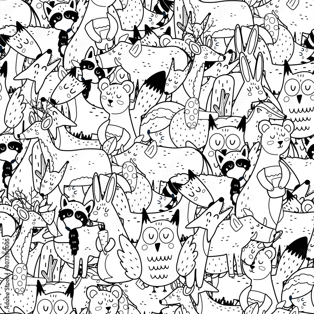 Cute forest animals black and white seamless pattern. Doodle coloring ...
