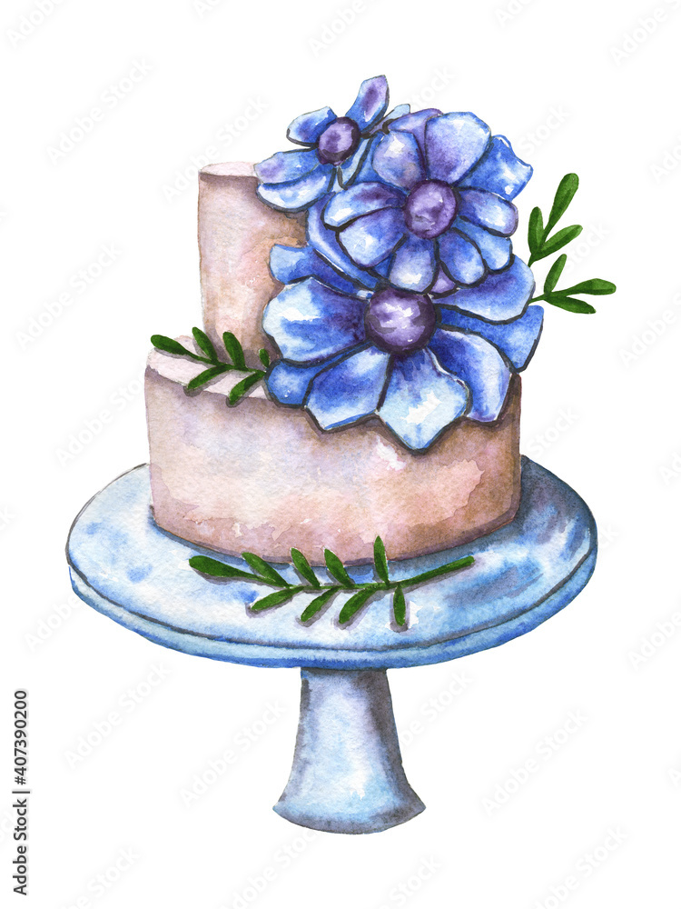 Watercolor wedding two-tier sponge cake with blue flowers on a cake ...