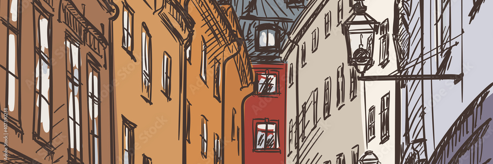 Poster Old buildings drawing, European architecture in old town Gamla ...