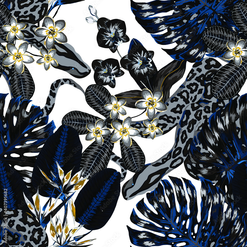 Beautiful seamless pattern with python and tropical leaves. Beautiful ...