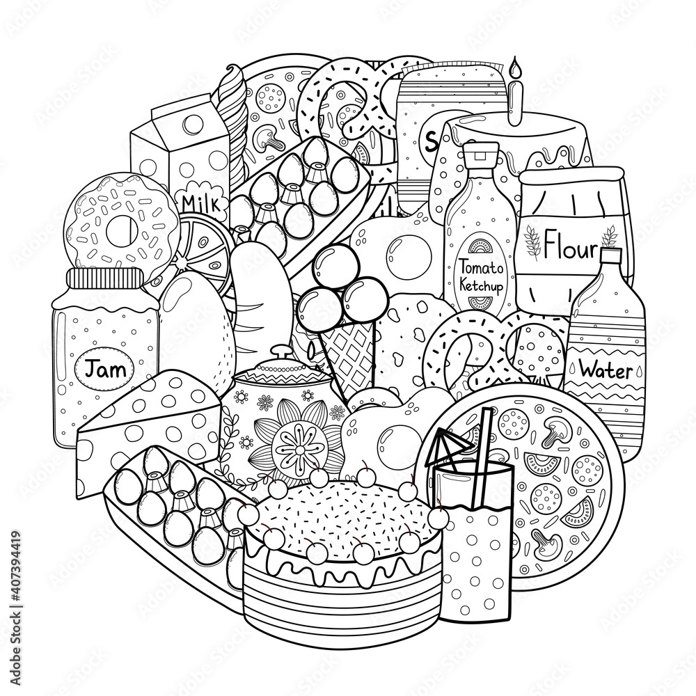 Circle shape coloring page with doodle food. Black and white outline ...
