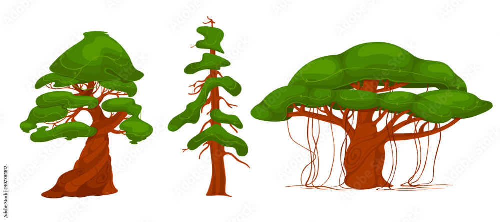 Set of green fluffy trees isolated on white background. Trees of ...