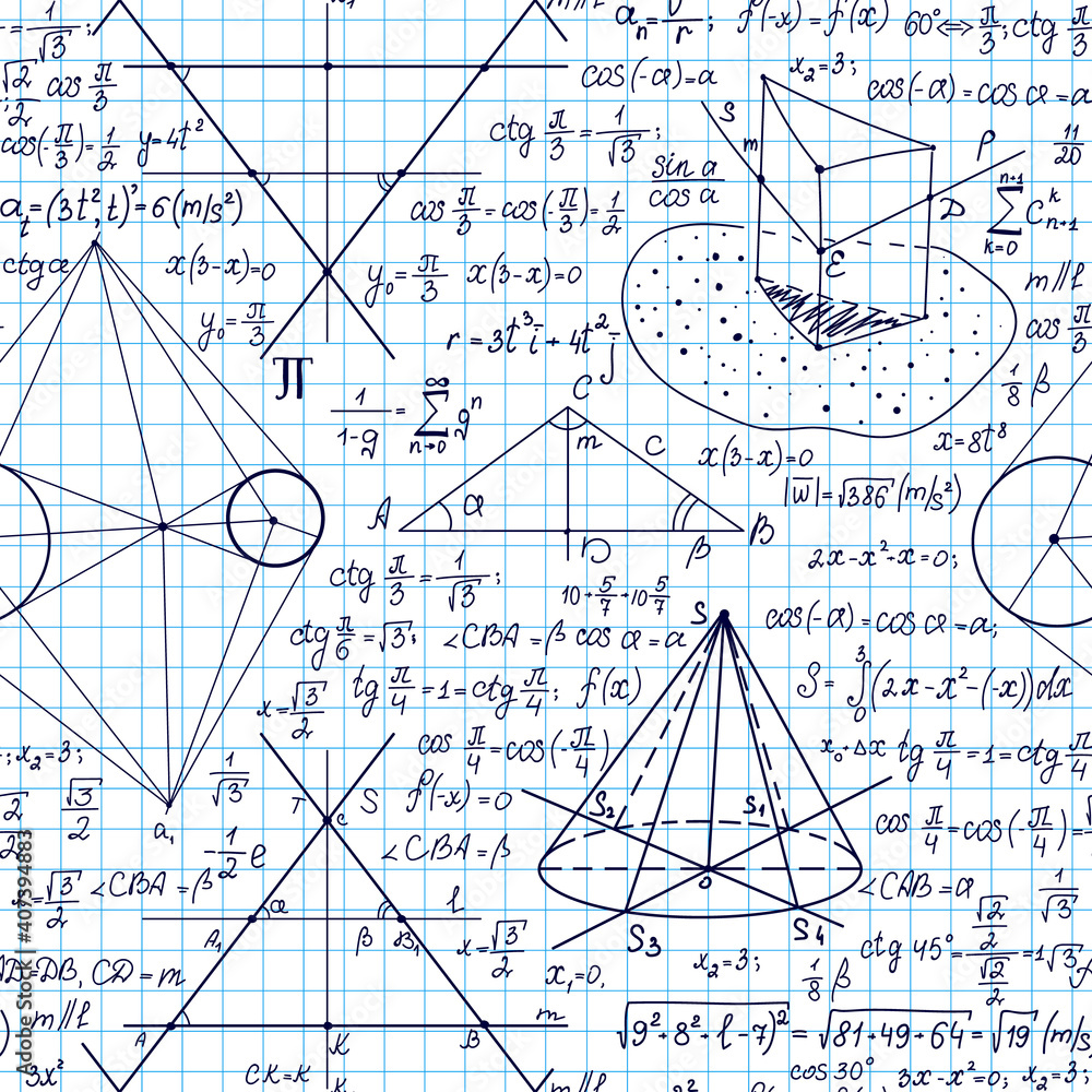 Math Vector Seamless Pattern With Handwritten Formulas Plots And Scientific Calculations Stock