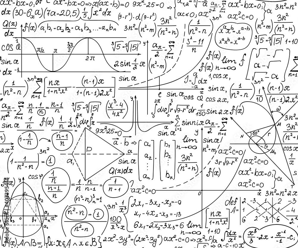 Scientific Vector Seamless Pattern With Handwritten Mathematical Equations Formulas Plots