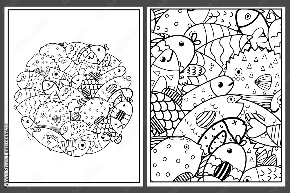 Vettoriale Stock Coloring pages set with cute fish. Doodle sea animals ...