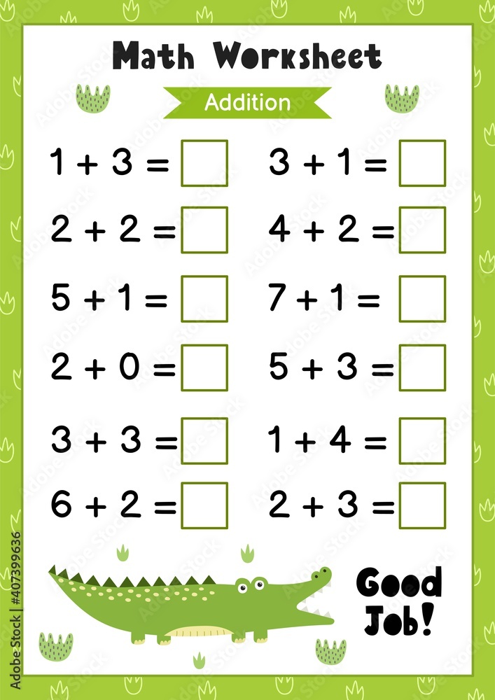 Math worksheet for kids. Addition. Matematic activity page with a cute ...