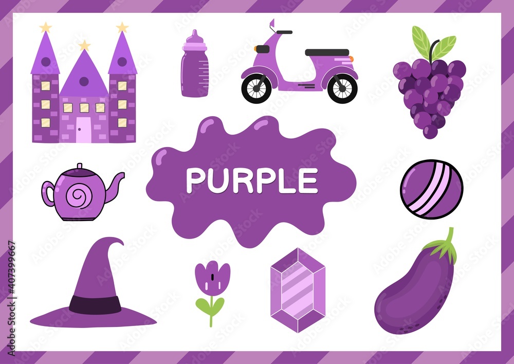 Purple. Educational worksheet for kids. Learning the color purple set ...