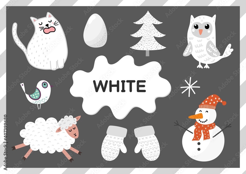 White. Educational worksheet for kids. Learning the color white set ...