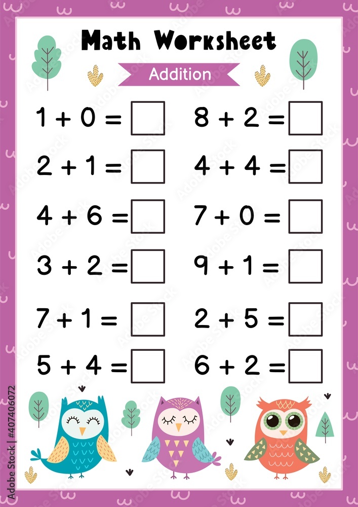 Math worksheet for kids. Addition. Mathematic activity page with cute ...