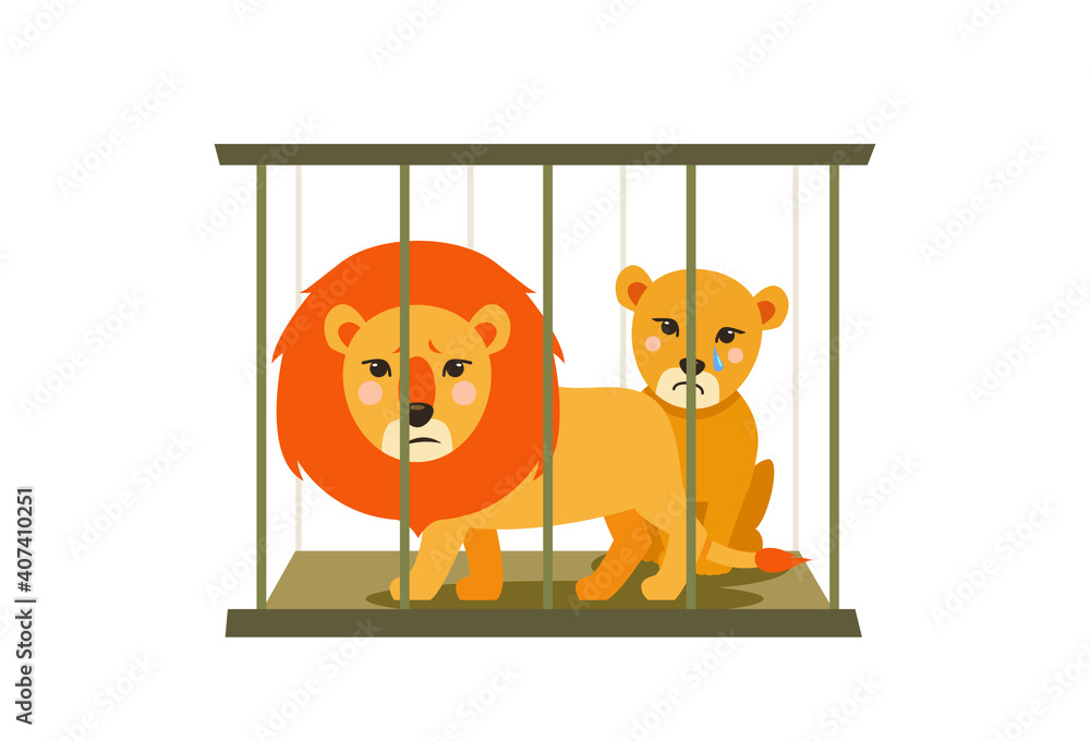 Sad lion and lioness in flat cartoon style sitting in a cage. Scared ...