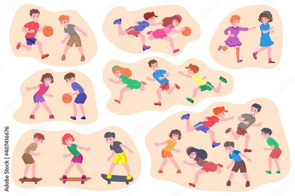 Set of children playing. Happy kids doing physical exercise, playing ...