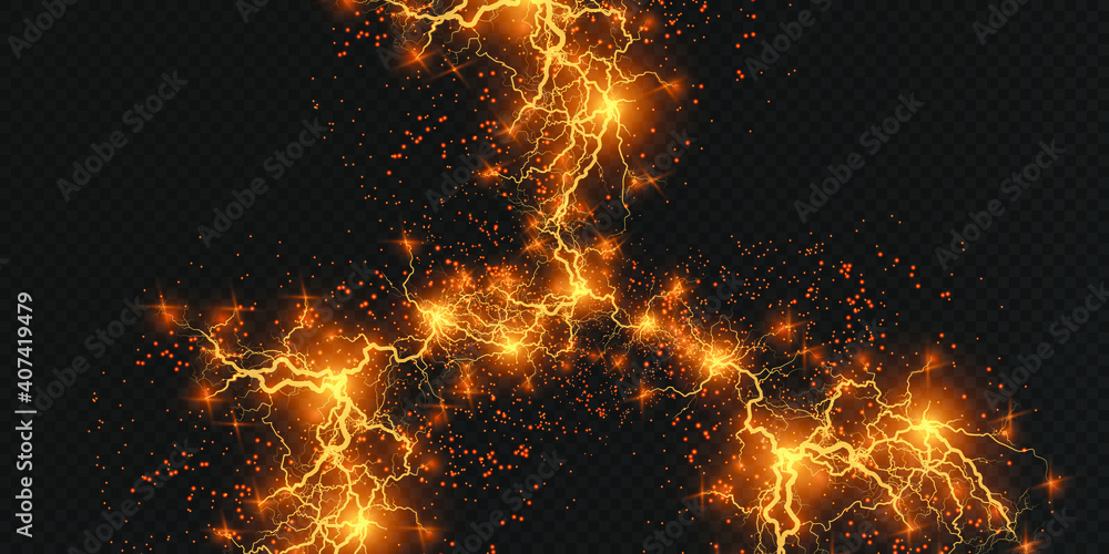 Stockvektorbilden Realistic lightning bolts on a black transparent ...