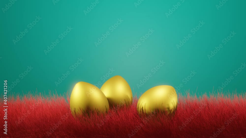 Golden easter eggs falling down to red grass with empty background for ...