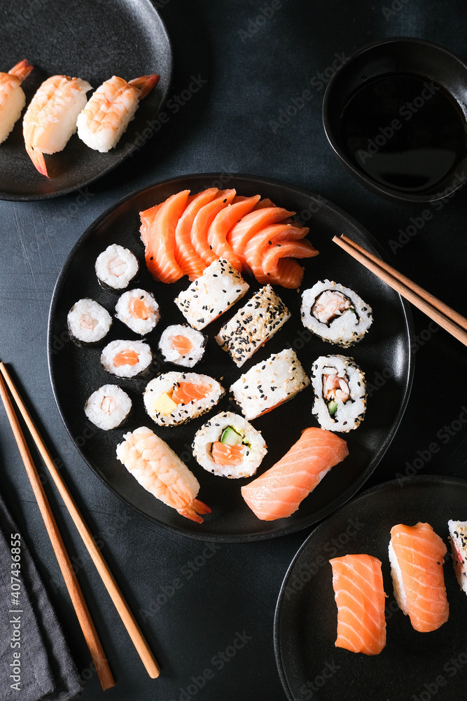 Japanese sushi food. Maki ands rolls with tuna, salmon, shrimp, crab ...