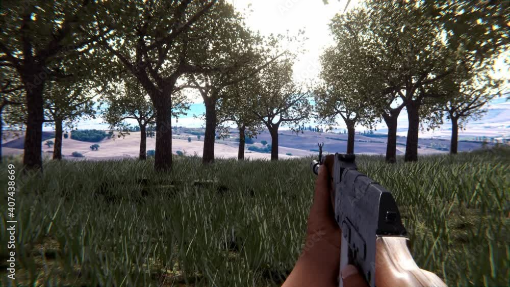 First-person shooter war game POV – man with AK-47 running through ...