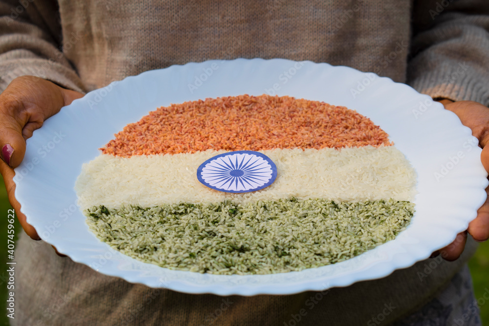 Female holding plate of tri color or tiranga Indian flag food depicted ...