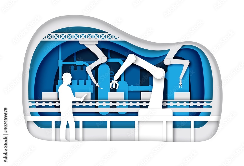 Automatic production conveyor belt with industrial robotic arms, line ...