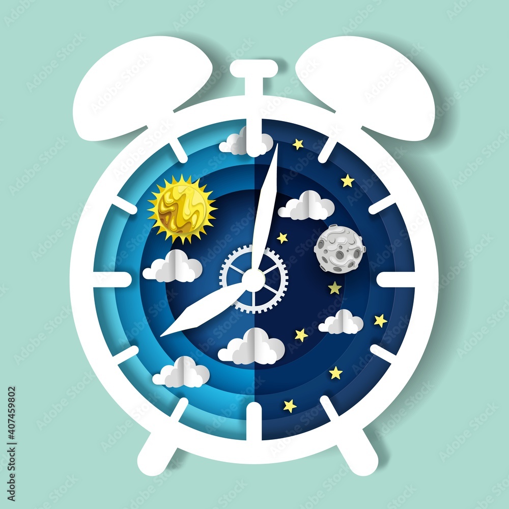 Paper cut craft style clock with day and night sky on dial, vector ...