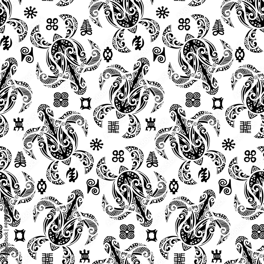 Seamless pattern - sea turtle in indigenous tribal Polynesian style ...