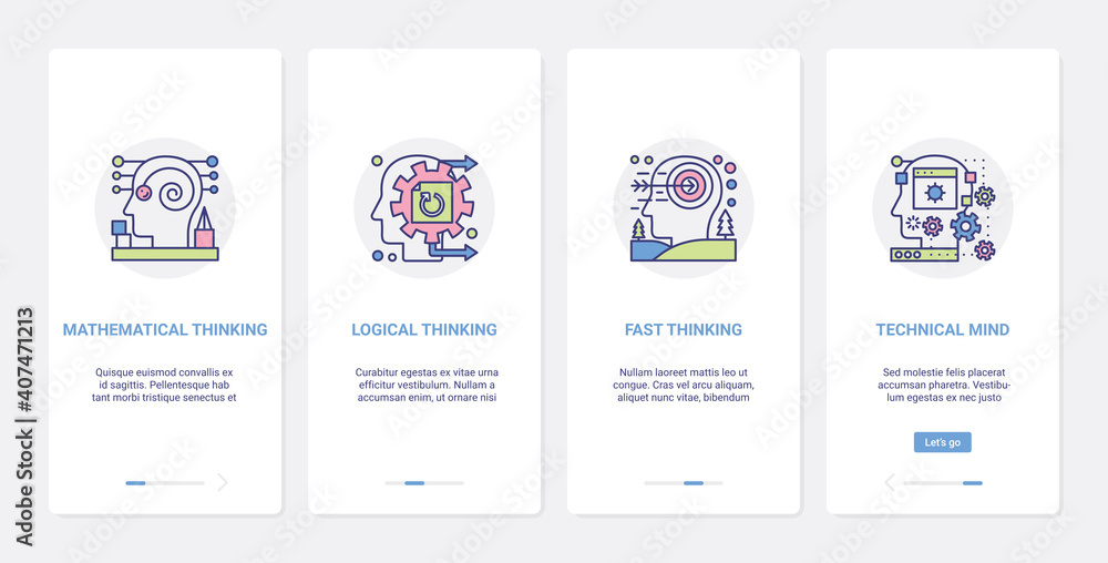 Mind processes logic vector illustration. UX, UI onboarding mobile app page screen set of ...
