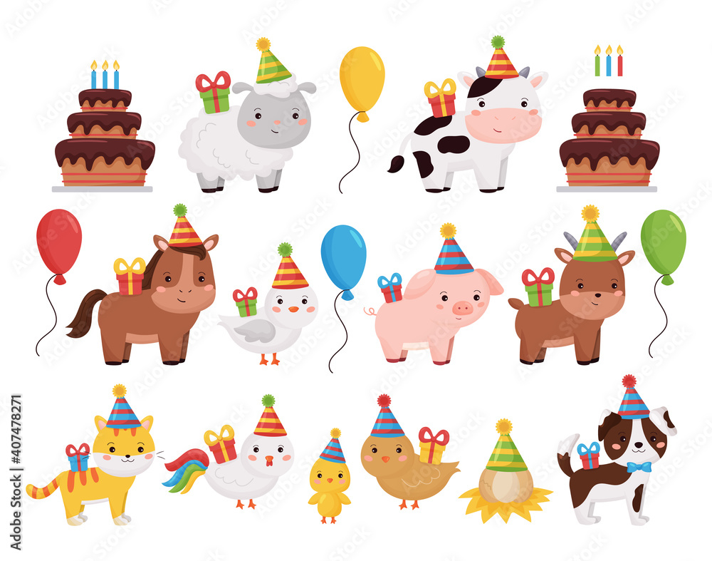 Cute cartoon farm animals collection with birthday cake, presents ...