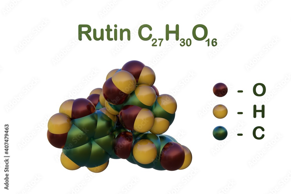 Structural chemical formula and space-filling molecular model of rutin ...