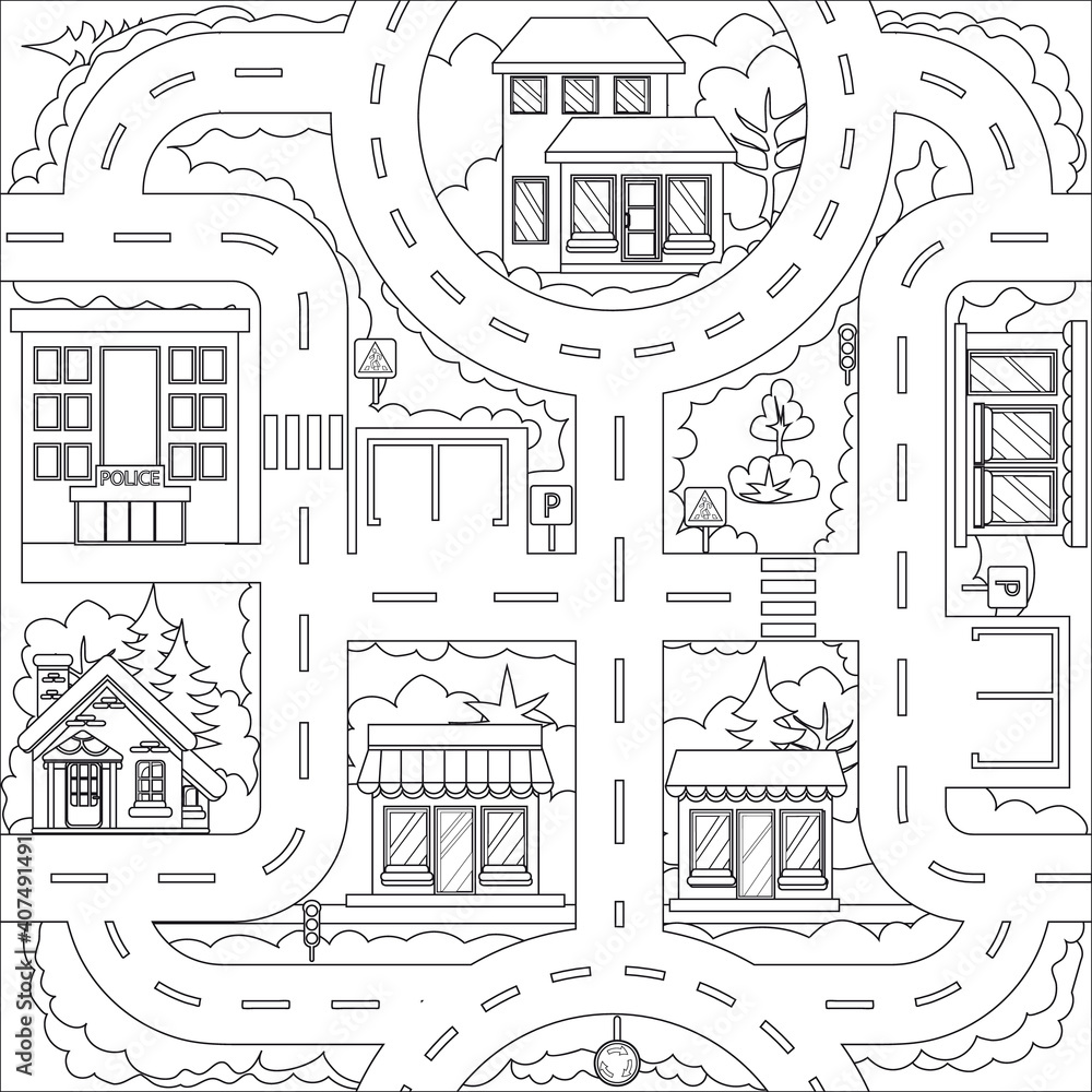 Children coloring with maze city road and building. Kids labyrinth game ...
