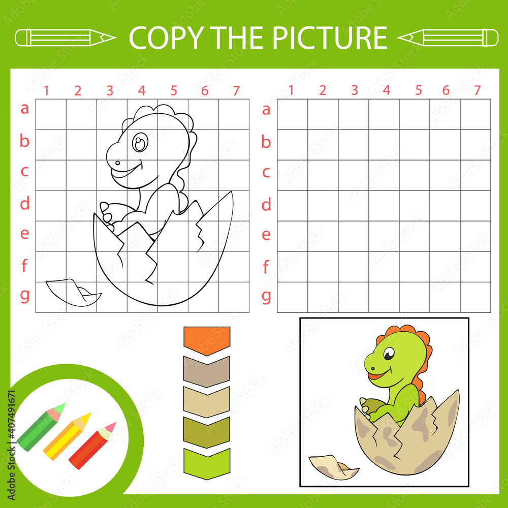 Draw a dinosaur. Activity page. Worksheet for kids. Drawing using grid ...