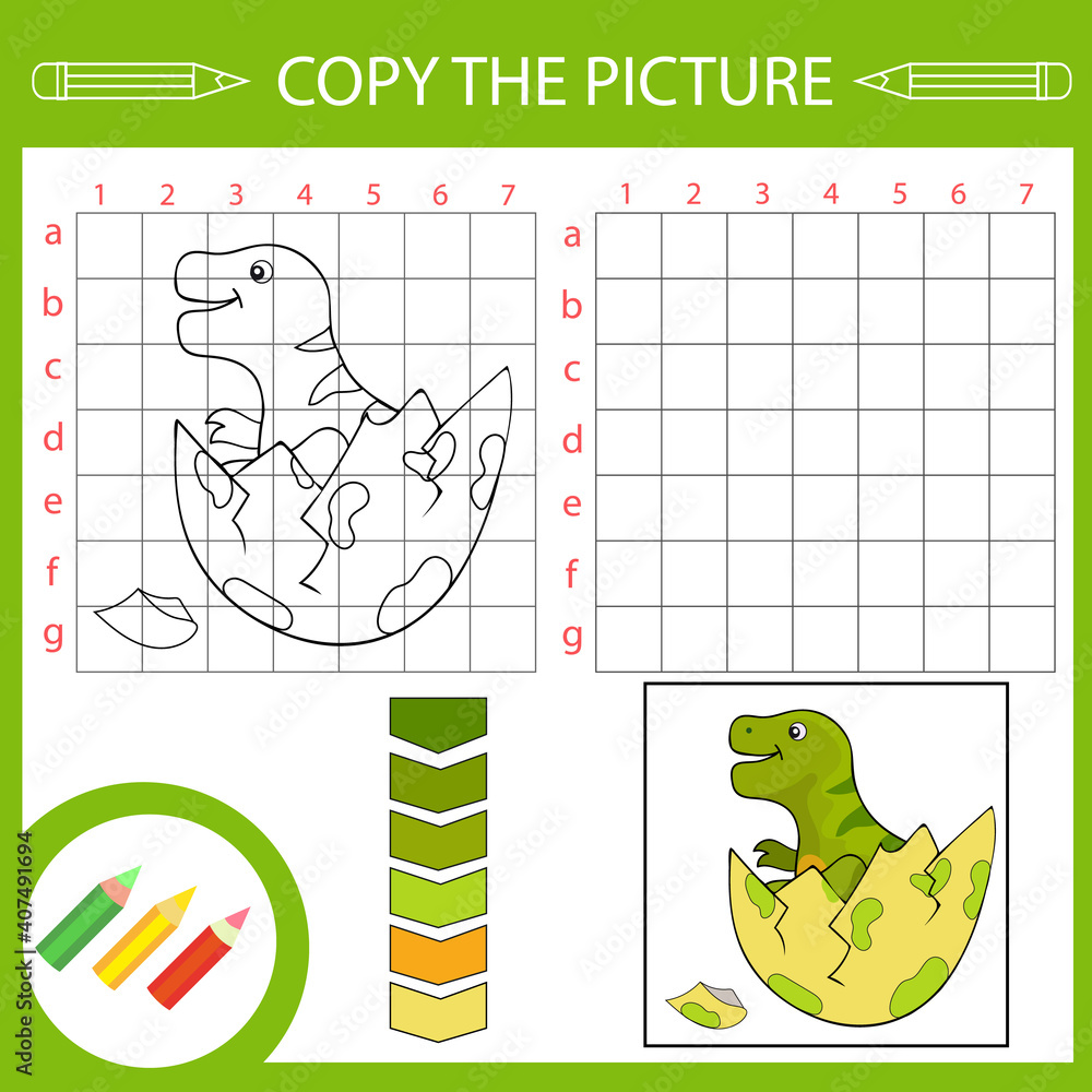 Draw a dinosaur. Activity page. Worksheet for kids. Drawing using grid ...