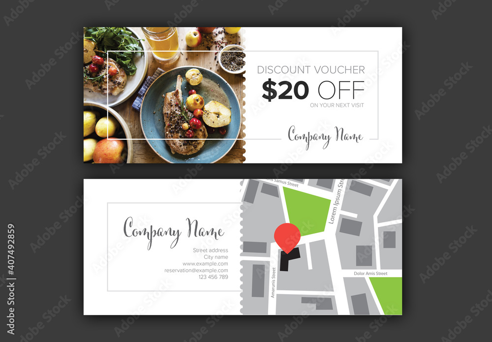 Restaurant Discount Voucher Card Layout with Photo and Map Placeholders ...