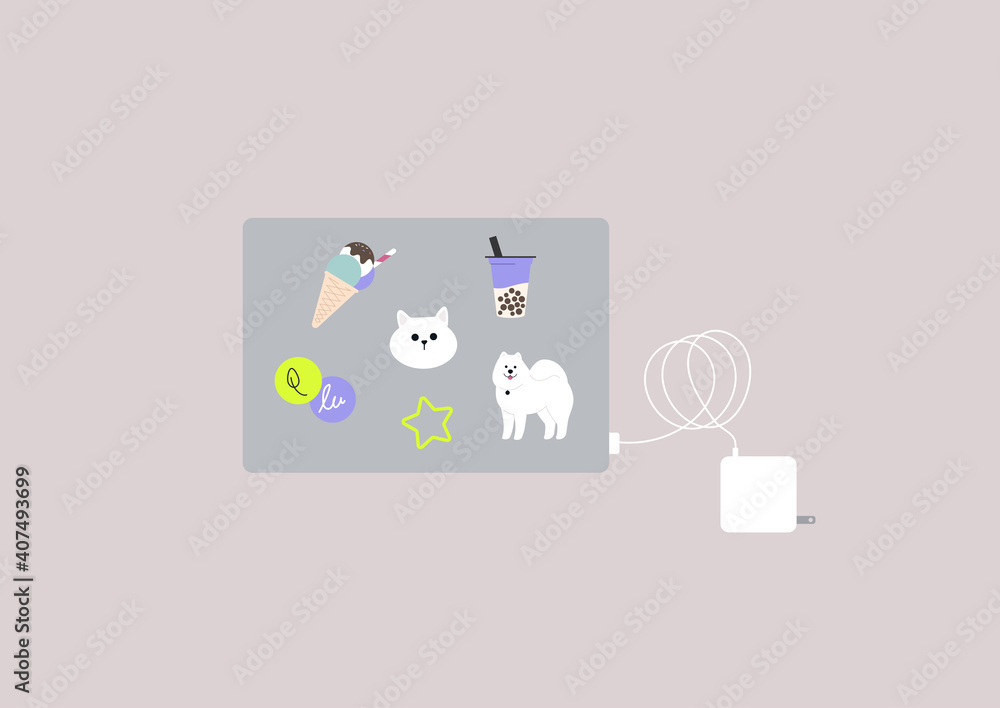 A laptop with cute bright stickers on it, a teenager's computer with ...