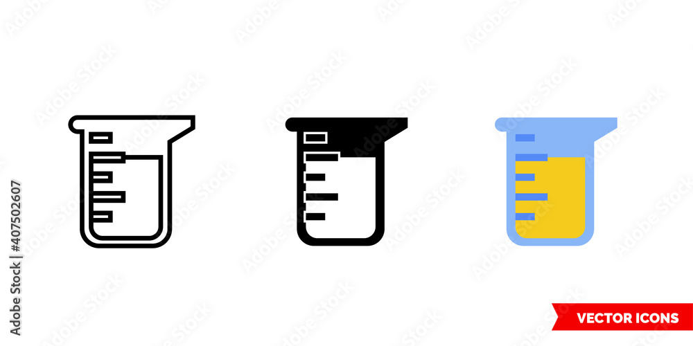 Beaker icon of 3 types color, black and white, outline. Isolated vector ...