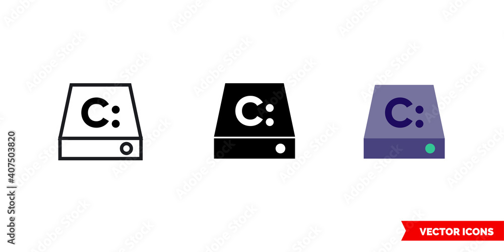 C drive icon of 3 types color, black and white, outline. Isolated ...