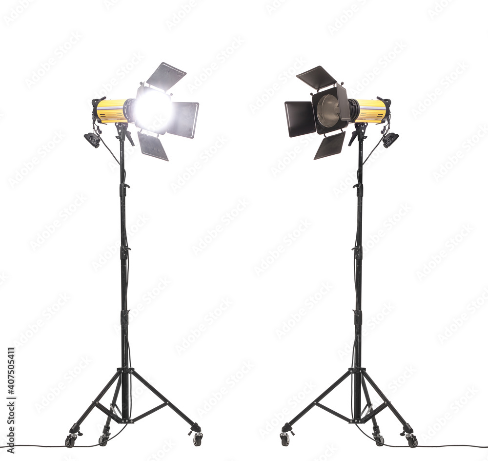 Flash lights with barn doors on stand with wheels. Studio lighting ...