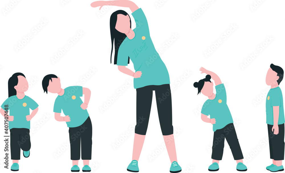 Teacher with children exercising flat color vector faceless characters ...