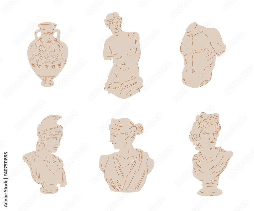 Set of different antique Greek marble statue. Classical art statues of ...