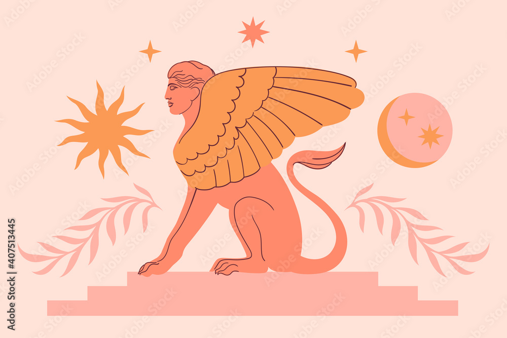 Abstract contemporary aesthetic background with classic marble sphinx ...