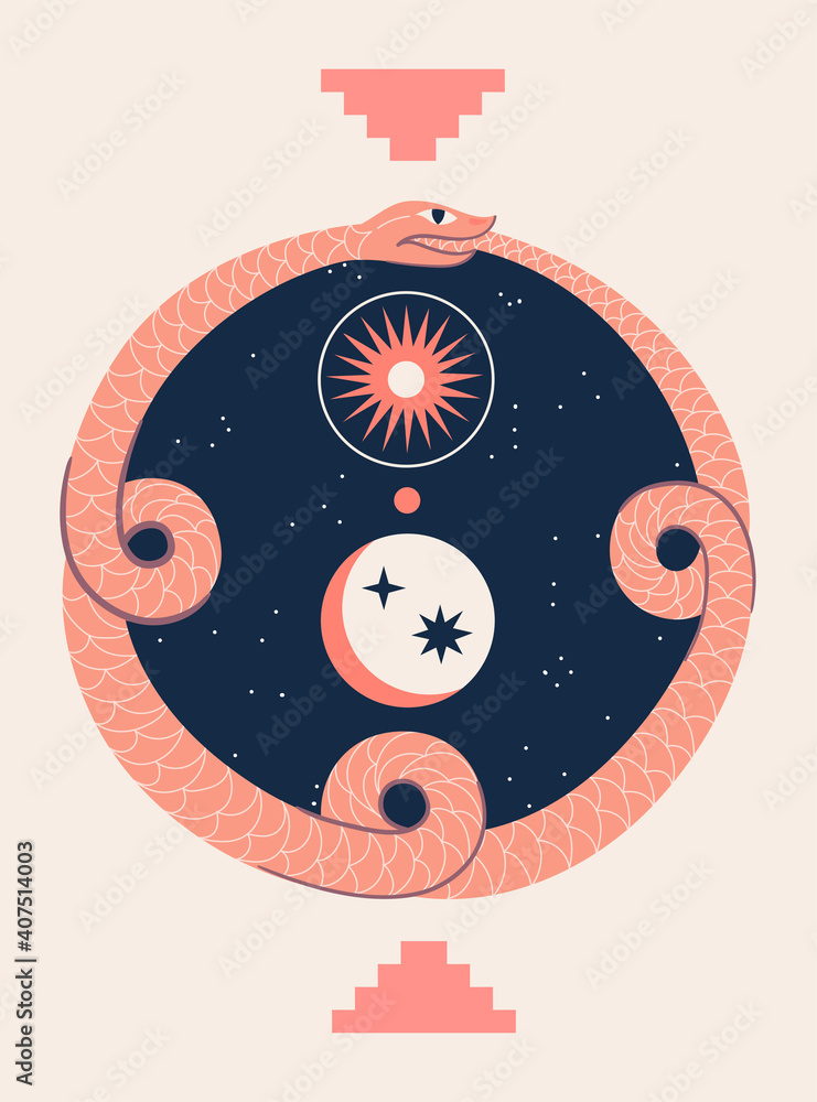 Modern abstract art print with snake Ouroboros eating its own tail ...