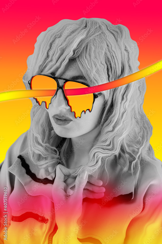 Funky woman in sunglasses. Crazy lady and surreal composition of ...
