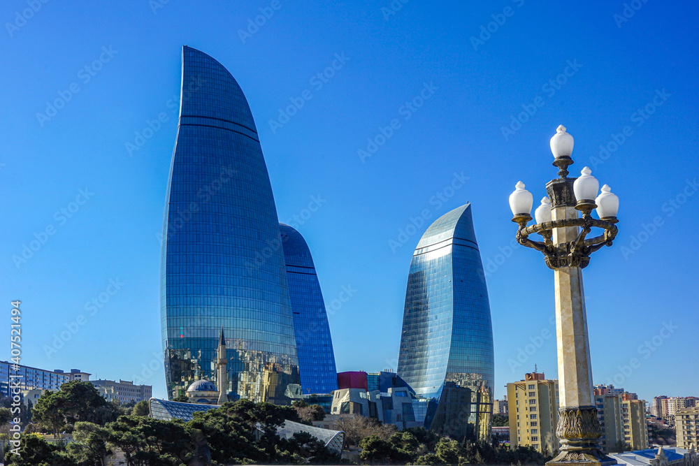 Azerbaijan, in Baku, view on the modern flame tower buildings, the ...