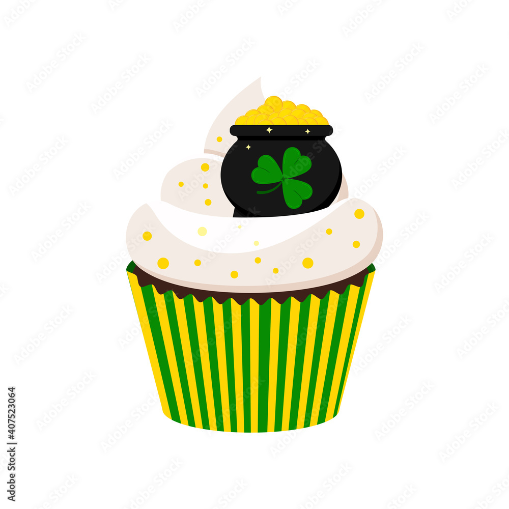 St Patrick cupcake with cauldron isolated on white background. Muffin ...