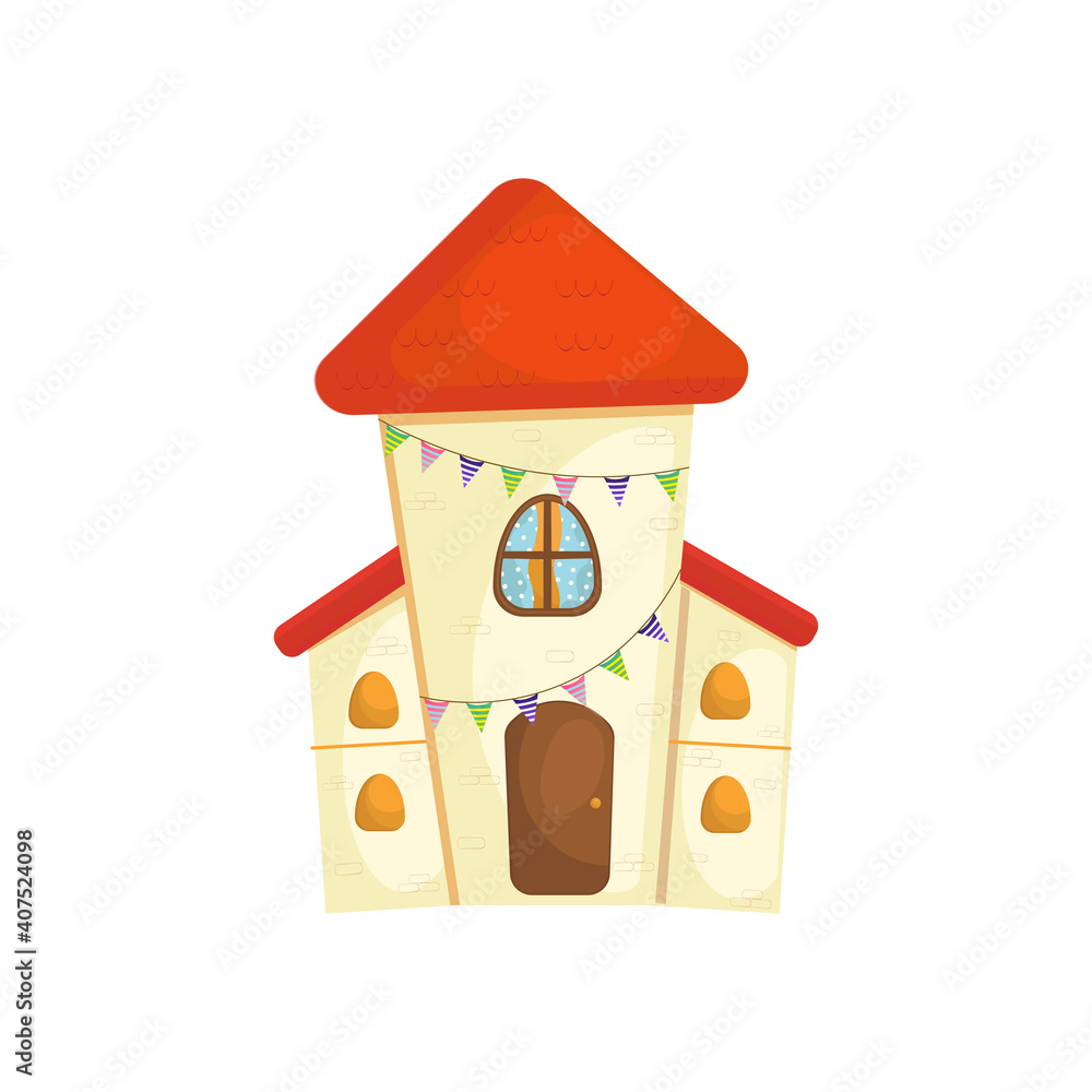 Cartoon house with red roof decorated with colorful pennants. Vector ...