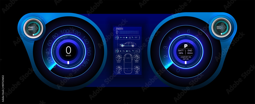 Autonomous Smart car interior. Futuristic user interface. HUD UI ...