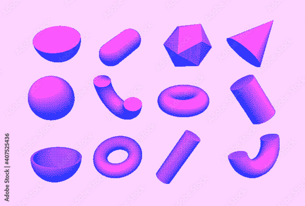 Set of 3D shapes: sphere, hemisphere, torus, cone, cylinder and ...