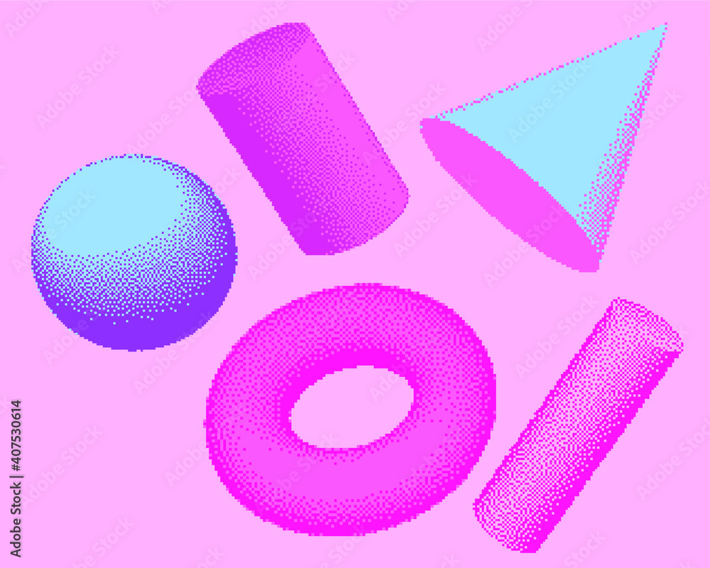 Set of abstract 3D shapes: sphere, torus, cone. Vaporwave and retrowave ...