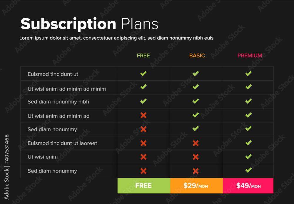 Subscription plans table layout with dark background, modern tabular ...