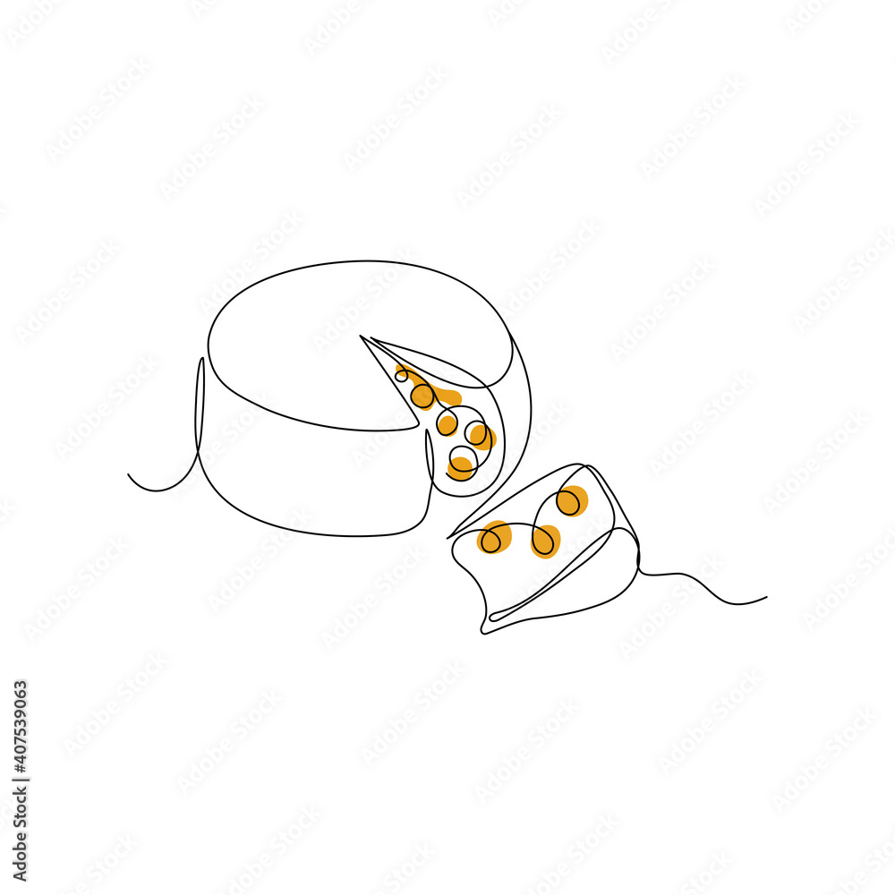Cheese in continuous line art drawing style. Wheel of cheese with holes ...