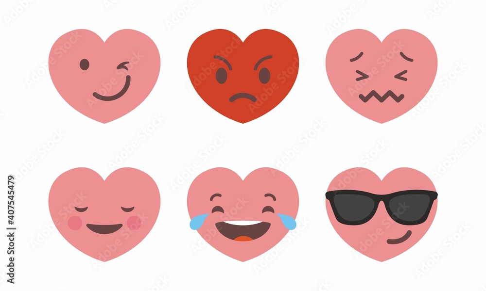 Set of six heart shaped emoticons. Vector emoji heads in the shape of ...
